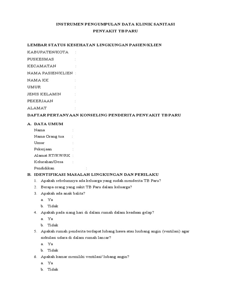 Instrumen Pengumpulan Data Klinik Sanitasi TB | PDF