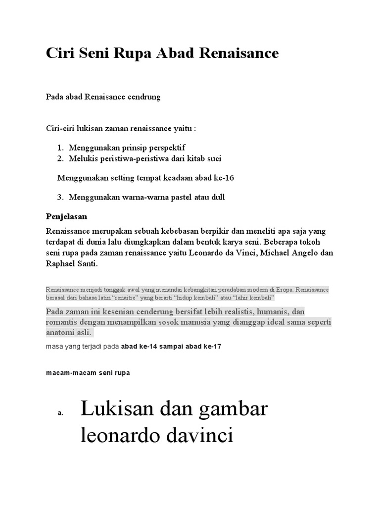 Ciri Seni Rupa Zaman Renaisans | PDF
