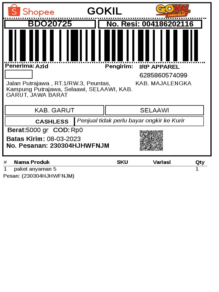 Resi Pengiriman Paket Anyaman IRP Apparel | PDF
