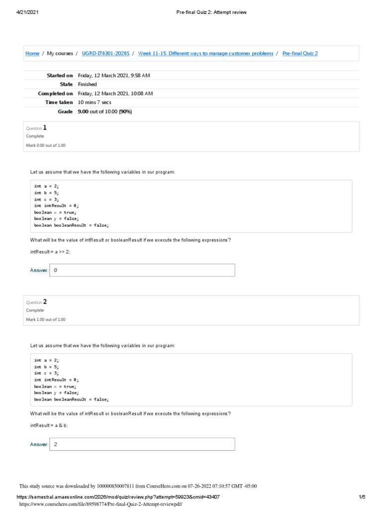 Pre Final Quiz 2 Attempt Review PDF | Download Free PDF | Boolean Data Type | Computer Engineering
