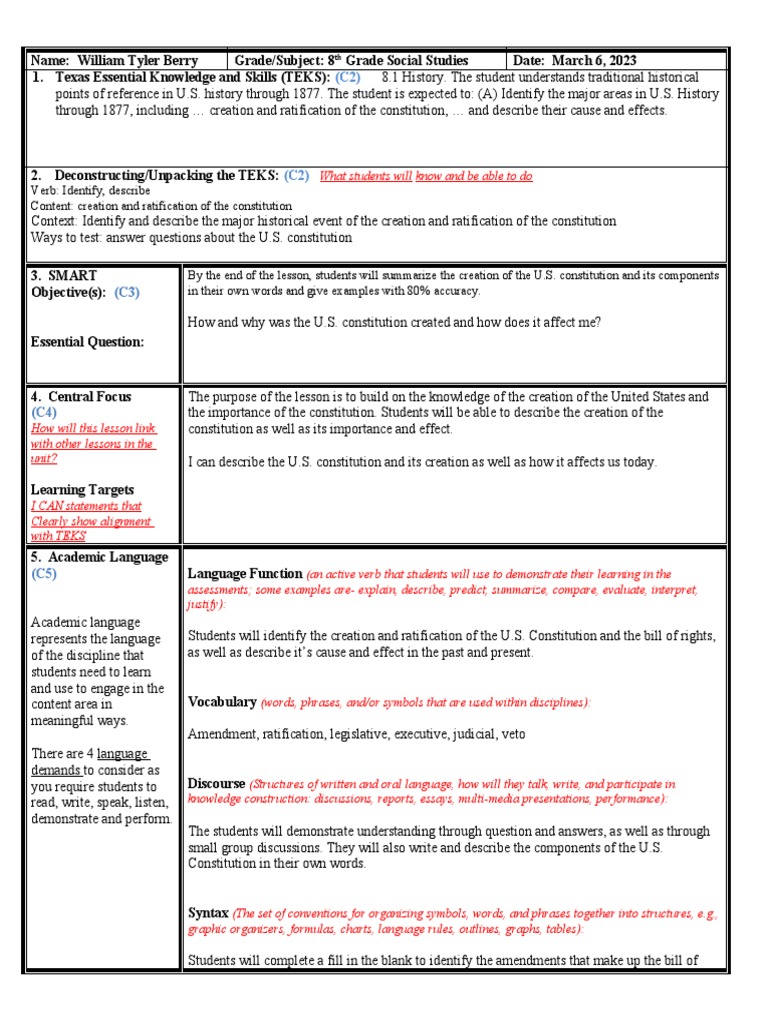 8th Grade U.S. Constitution Lesson Plan | PDF | Learning | Lecture