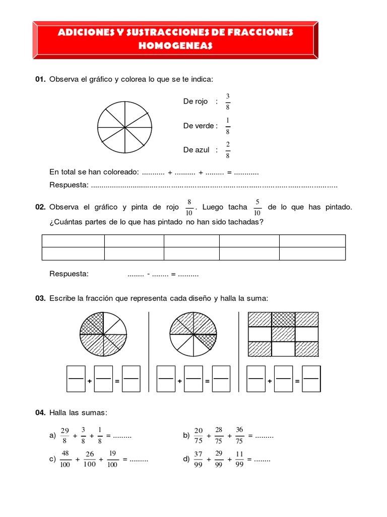 Taller de Sumas y Restas de Fracciones Homogeneas | PDF
