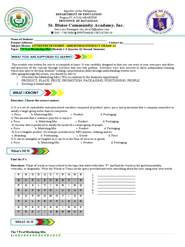 Entrepreneurship Module 1 3 Q4 Q4 Module 1 2 2022 | PDF | Sales | Marketing