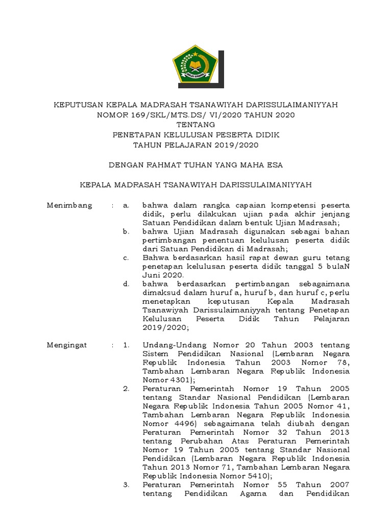 Contoh SK Kelulusan Siswa Madrasah 2020 | PDF