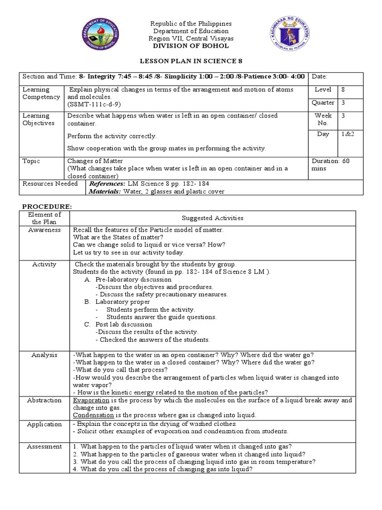 Division of Bohol Lesson Plan in Science 8 | PDF | Gases | Water