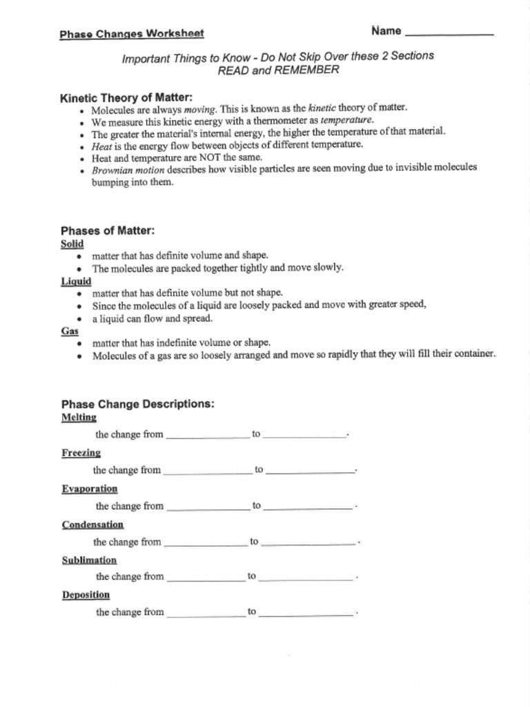 Phase Change Worksheet and Key | PDF