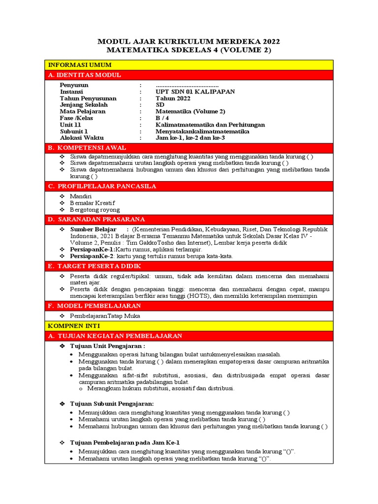 Modul Ajar MTK Unit 11 Kelas 4 Semester 2 | PDF | Metode & Bahan Ajar