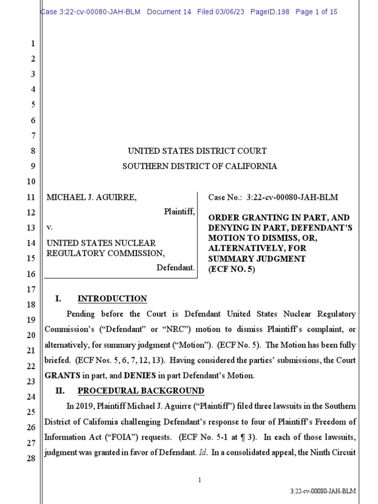 Order Granting in Part, and Denying in Part, Motion To Dismiss For Aguirre v. NRC | PDF ...