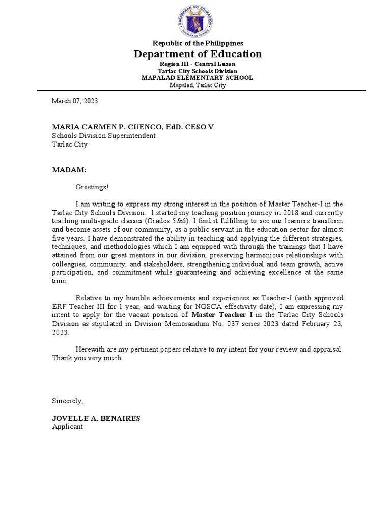 Letter of Intent - Principal I | PDF | Cognition | Learning