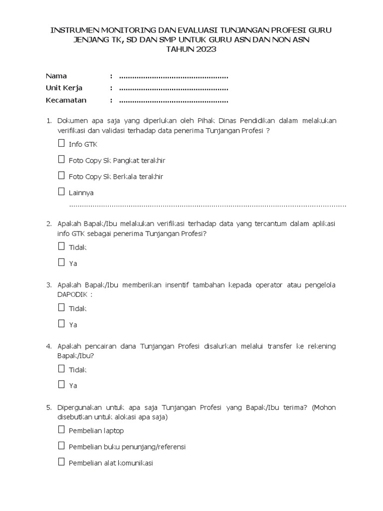 Instrumen Monev TPG Untuk Ops - Guru Dan Kepsek 2023 | PDF | Karier & Perkembangan