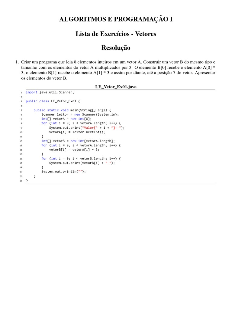 Resolução - Exercícios - Vetor | PDF | Java (linguagem de programação ...