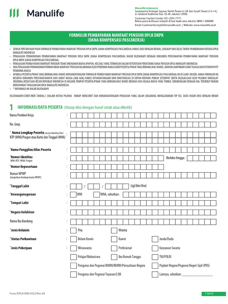 Formulir Pembayaran Manfaat Pensiun DPLK DKPK (Dana Kompensasi Pascakerja) | PDF