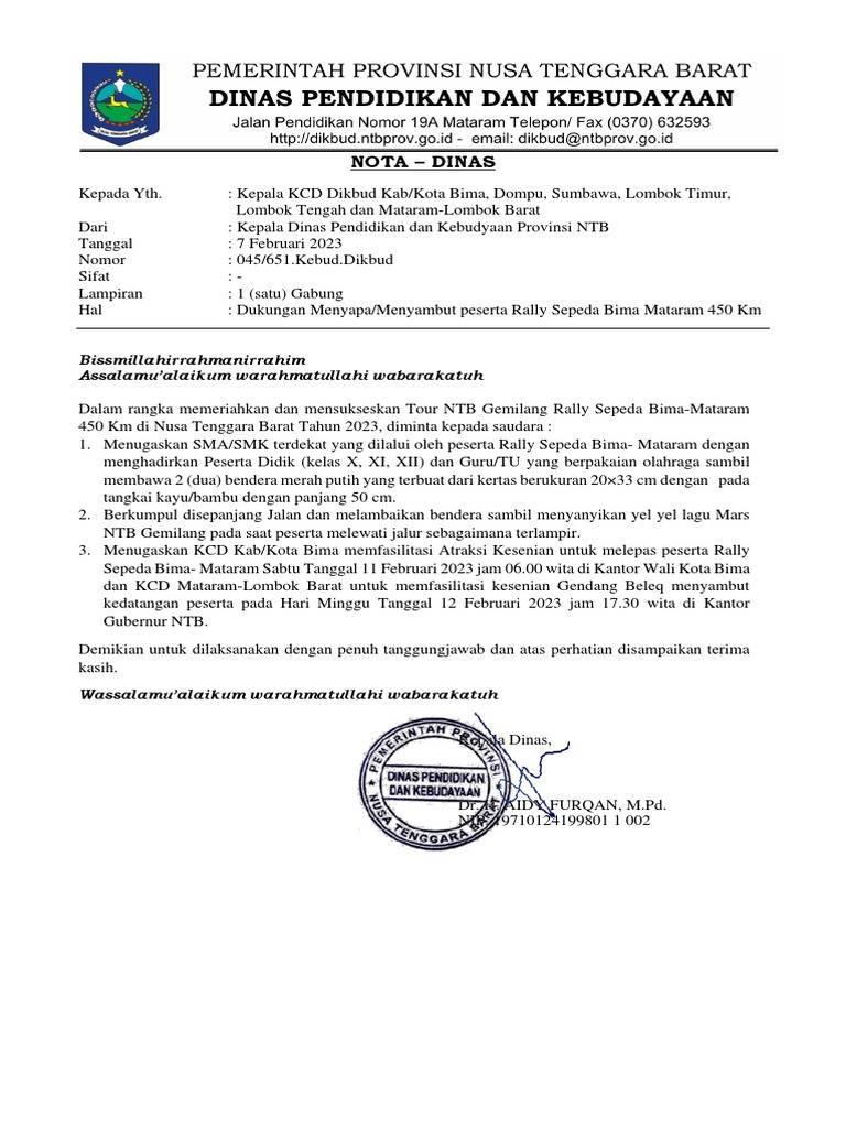 Nota Dinas - Tour NTB Gemilang - 2023 | PDF