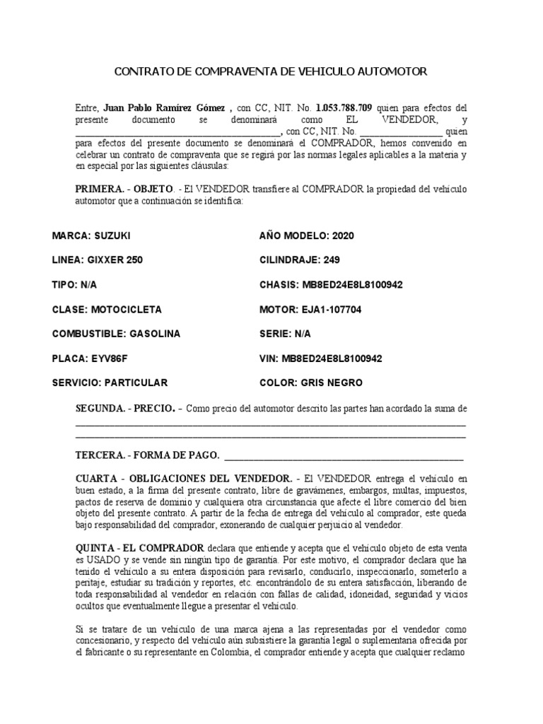 Formato Contrato de Compraventa de Vehiculo Automotor-302019 | PDF ...