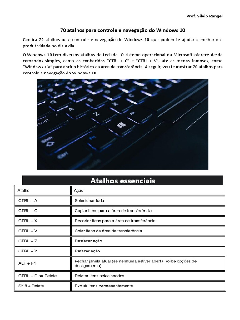 70 atalhos Windows 10 | PDF | Botão Ctrl | Janela (informática)