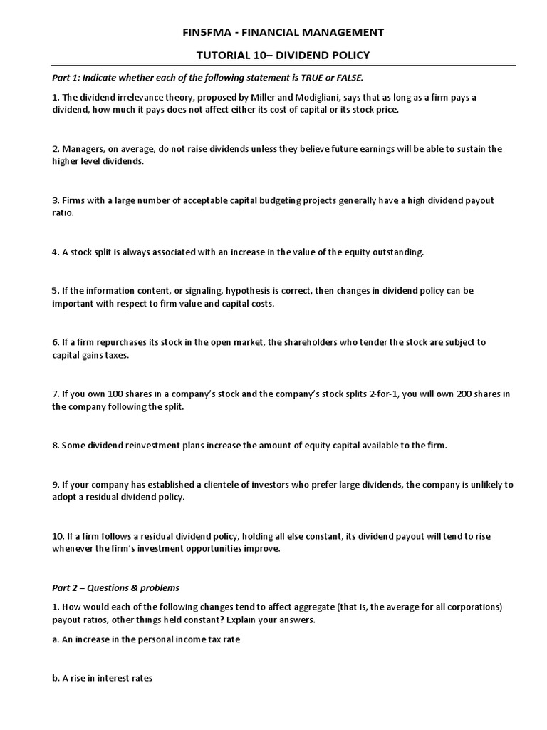 FMA - Tute 10 - Dividend Policy | PDF | Dividend | Stocks
