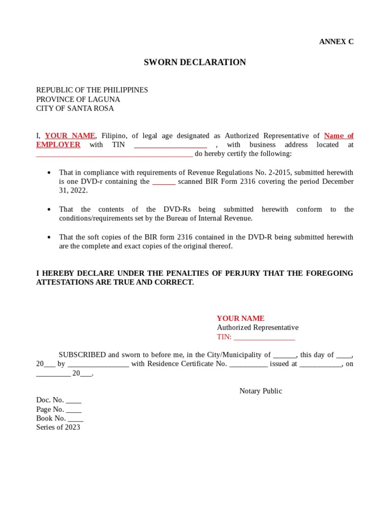 Annex C Sworn Declaration for BIR 2316 | PDF