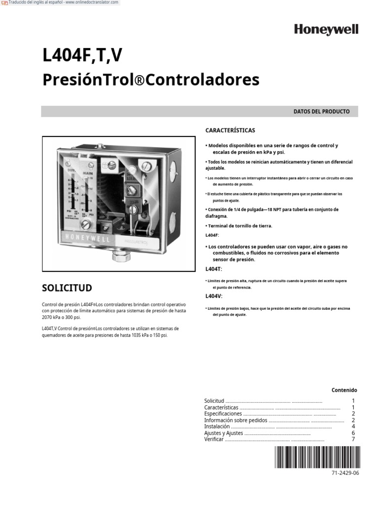 Manual Honeywell L404F (En) .En - Es | PDF | Presión | Tornillo