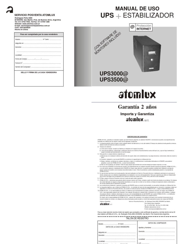 Manual UPS ATOMLUX Modelo 3000 3500 Monitoreado Con Soft Desde La PC | PDF | Ingenieria ...