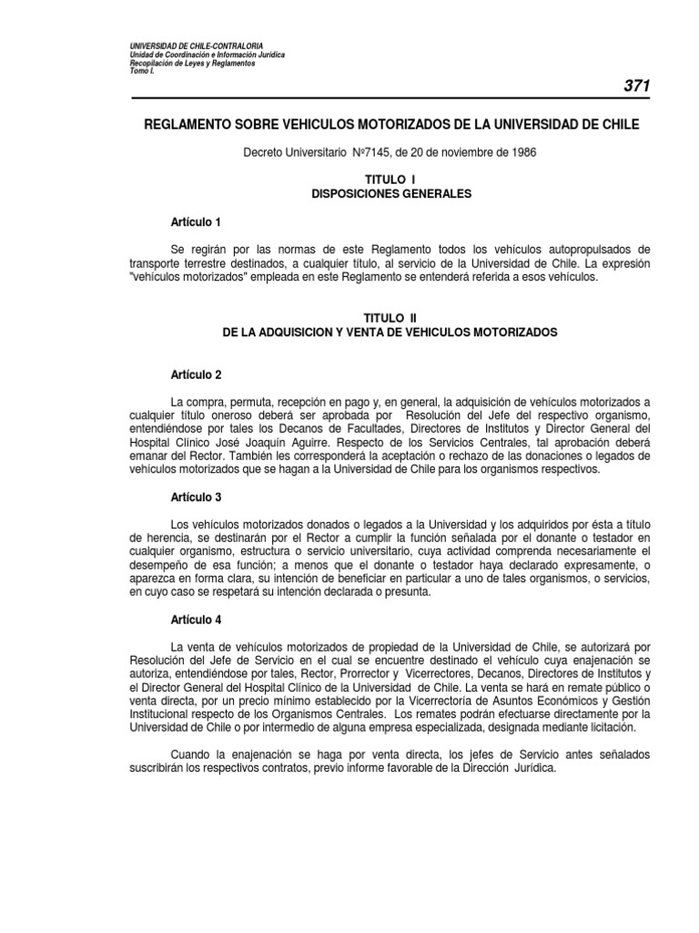 Reglamento Sobre Vehículos Motorizados de La Universidad de Chile | PDF | Regulación | Chile