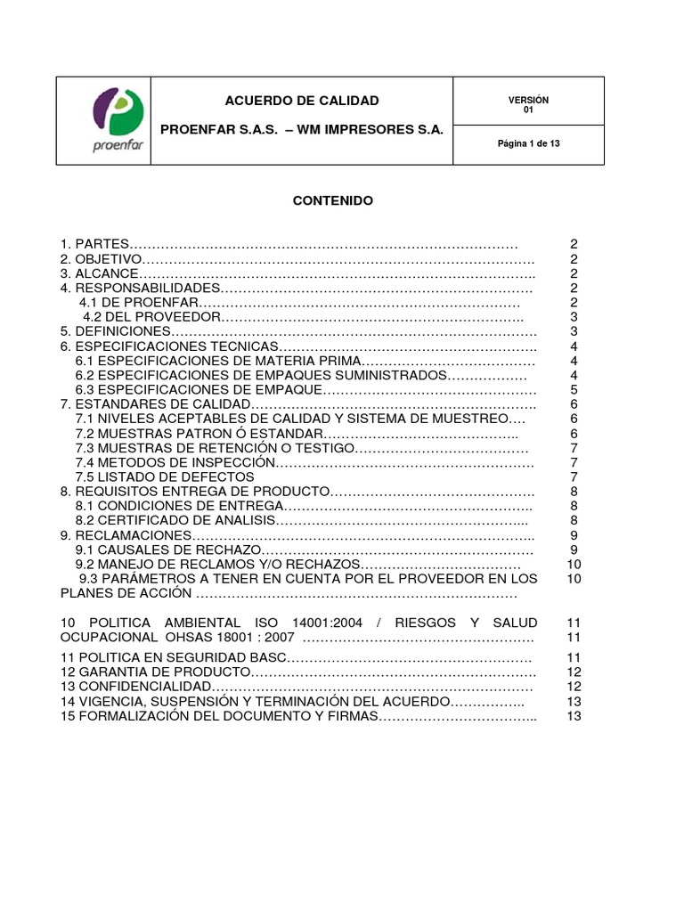 Acuerdo de Calidad - Proenfar (Ok) | PDF | Calidad (comercial) | Seguridad y salud ocupacional