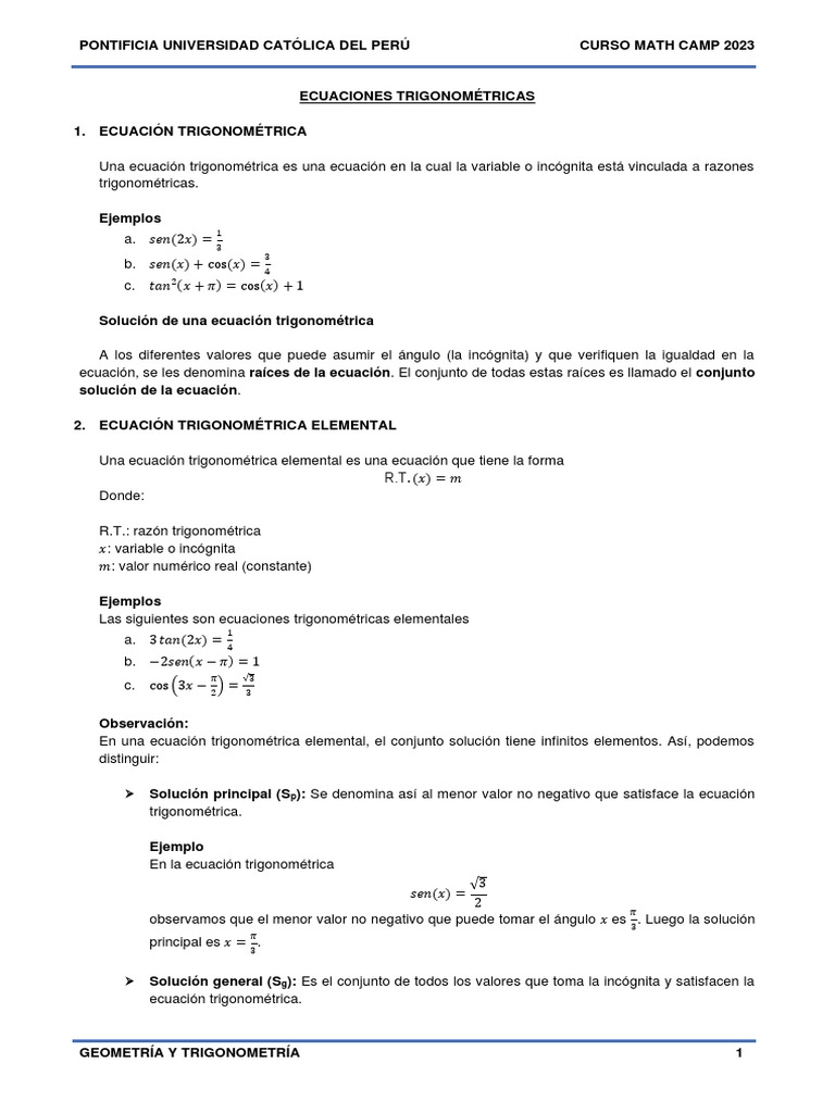 Semana 2 - TRIGO3 - Ecuaciones Trigonométricas, Ley de Senos y de Cosenos | PDF | Funciones ...