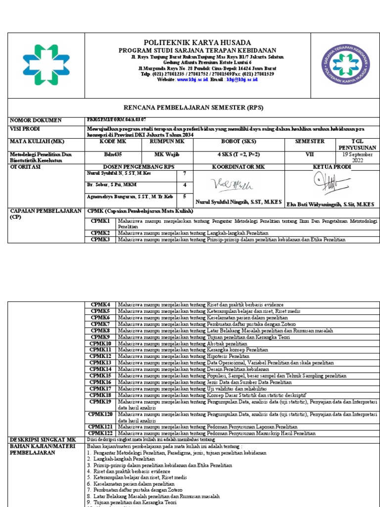 RPS Metodelogi Penelitian Dan Biostatistik Kesehatan | PDF