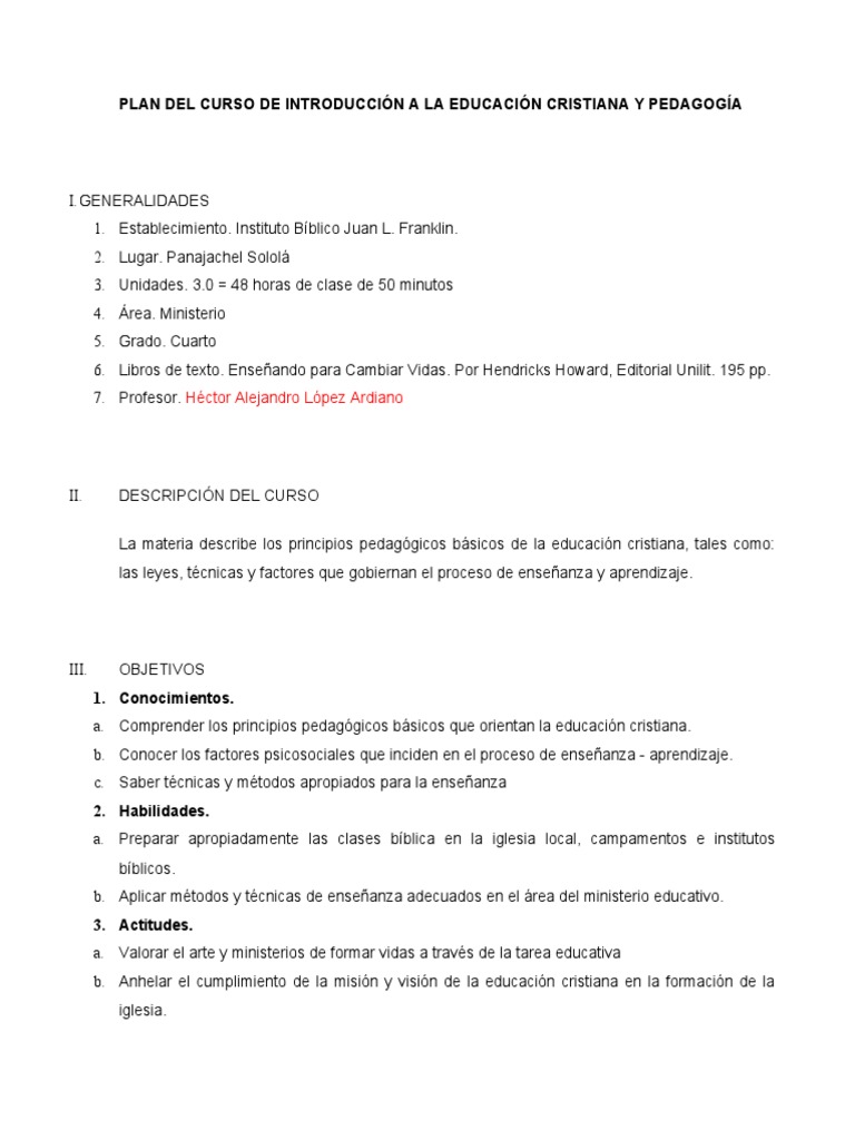 Plan Del Curso de Introducción A La Educación Cristiana y Pedagogía | PDF | Jesús | Fe