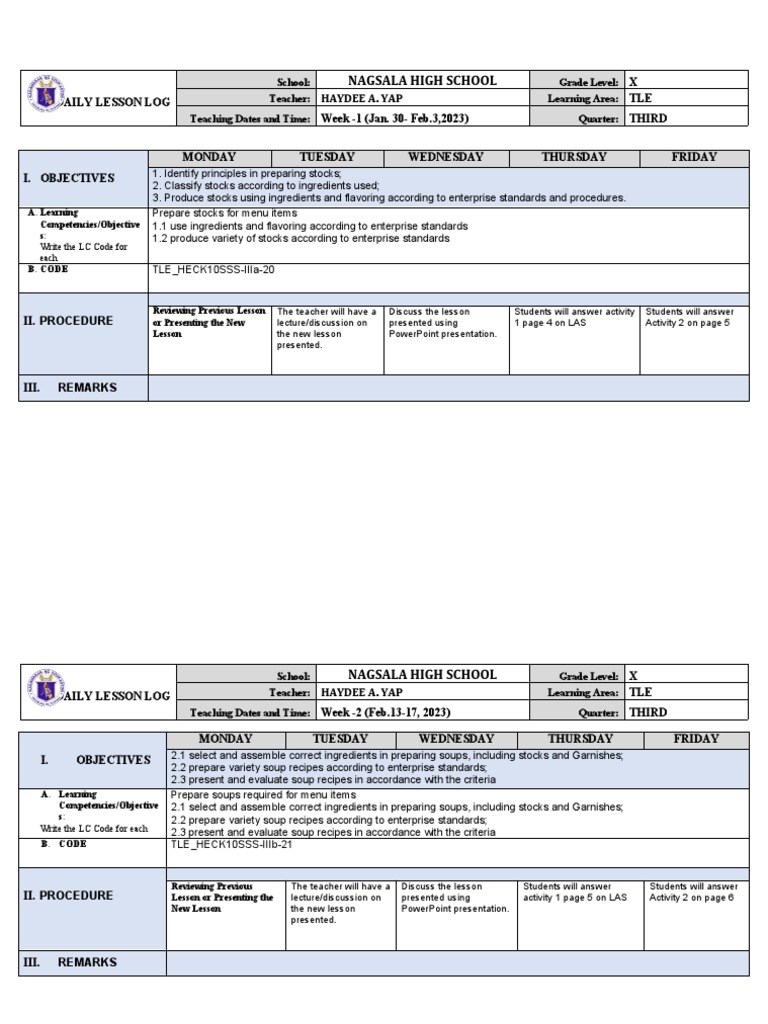 DAILY LESSON LOG Grde 10 | PDF | Lecture | Soup