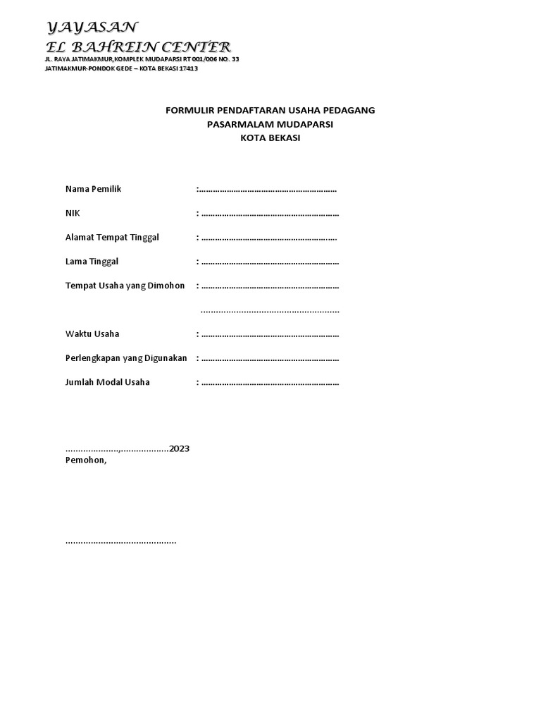 Formulir Pendaftaran Usaha Pedagang | PDF