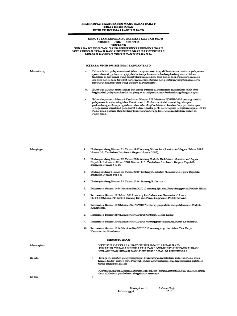 SK KEWENANGAN YANG MELAKUKAN SEDASI DAN ANESTESI LOKSL | PDF