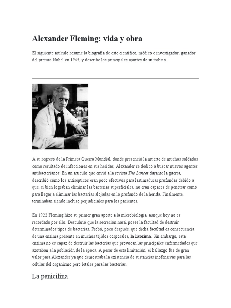 Biografía de Alexander Fleming y su penicilina | PDF | Penicilina | Las ...