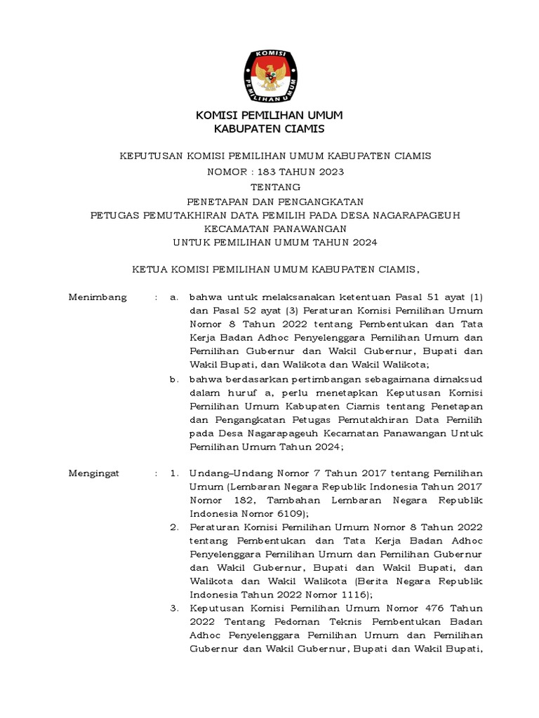 TEMPLATE SK PENETAPAN DAN PENGANGKATAN PANTARLIH Pasca PEMETAAN TPS-OK ...