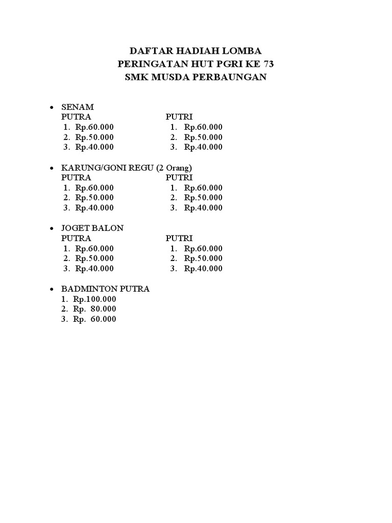 Daftar Hadiah Lomba | PDF