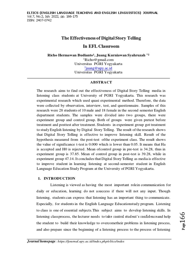 Rifkipbi, 166-175 THE EFFECTIVENESS OF DIGITAL STORY TELLING (1) | PDF | Storytelling | Language ...