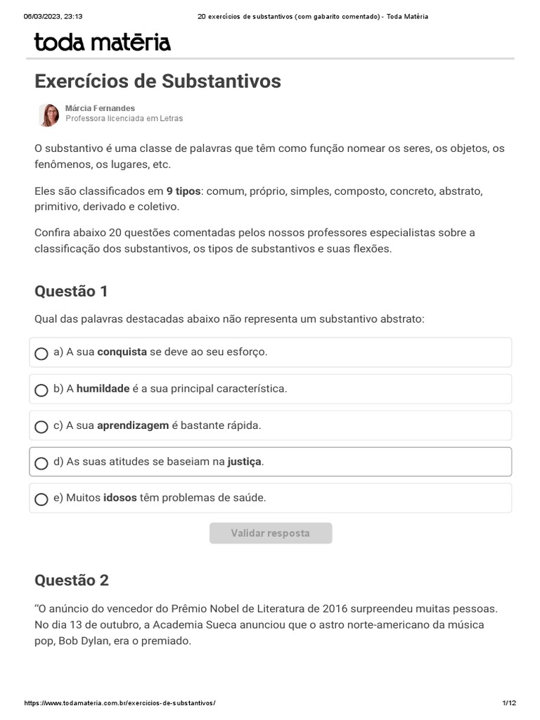 20 Exercícios de Substantivos (Com Gabarito Comentado) - Toda Matéria | PDF | Substantivo | Bob ...