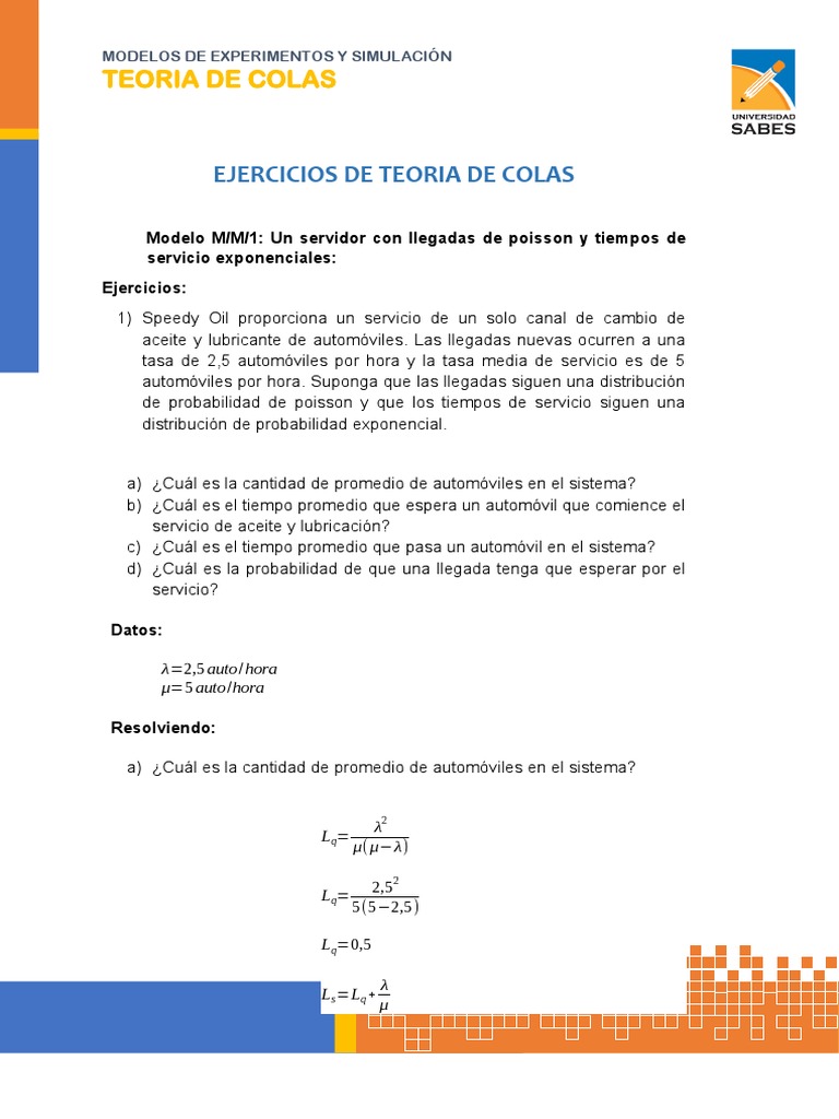 Ejercicios Resueltos Teoria de Colas | PDF | Modelos estadísticos | Teoría de probabilidad
