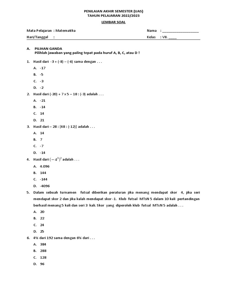 Soal Pas MTK 7 2022 | PDF | Metode & Bahan Ajar