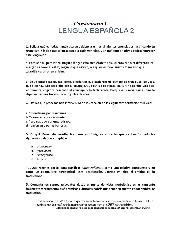 Cuestionario I - Lengua 2 | PDF