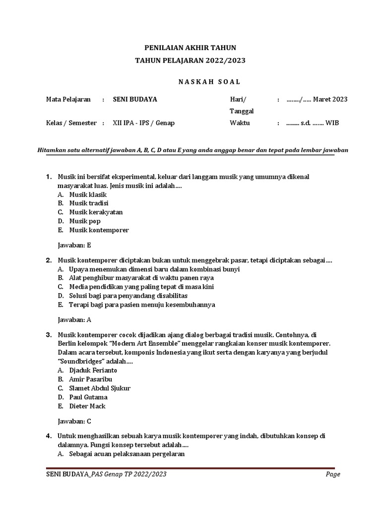 Soal - Pat - Xii - Seni Budaya - Tahun 2023 | PDF | Kajian Bahasa Asing | Seni