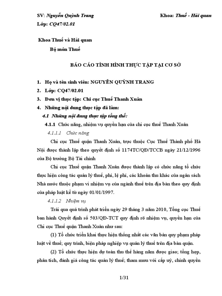 (123doc) - Bao-Cao-Tinh-Hinh-Thuc-Tap-Tai-Co-So-Chi-Cuc-Thue-Thanh-Xuan | PDF