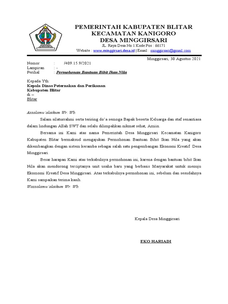 SURAT PERMOHONAN BIBIT IKAN NILA DESA MINGGIRSARI | PDF