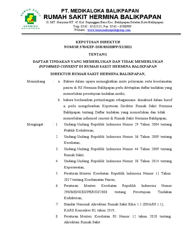 Kepdir Penetapan Tindakan Yang Memerlukan Informed Consent | PDF