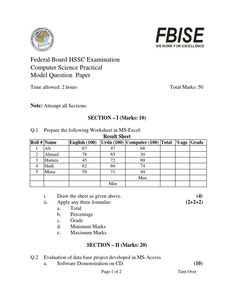 Practical Model Paper of Computer Science HSSC | PDF | Microsoft Excel | Software