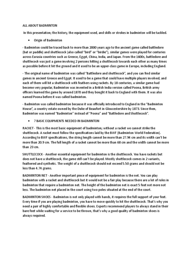 ALL ABOUT BADMINTON - Word | PDF | Athletic Sports | Games Of Physical ...