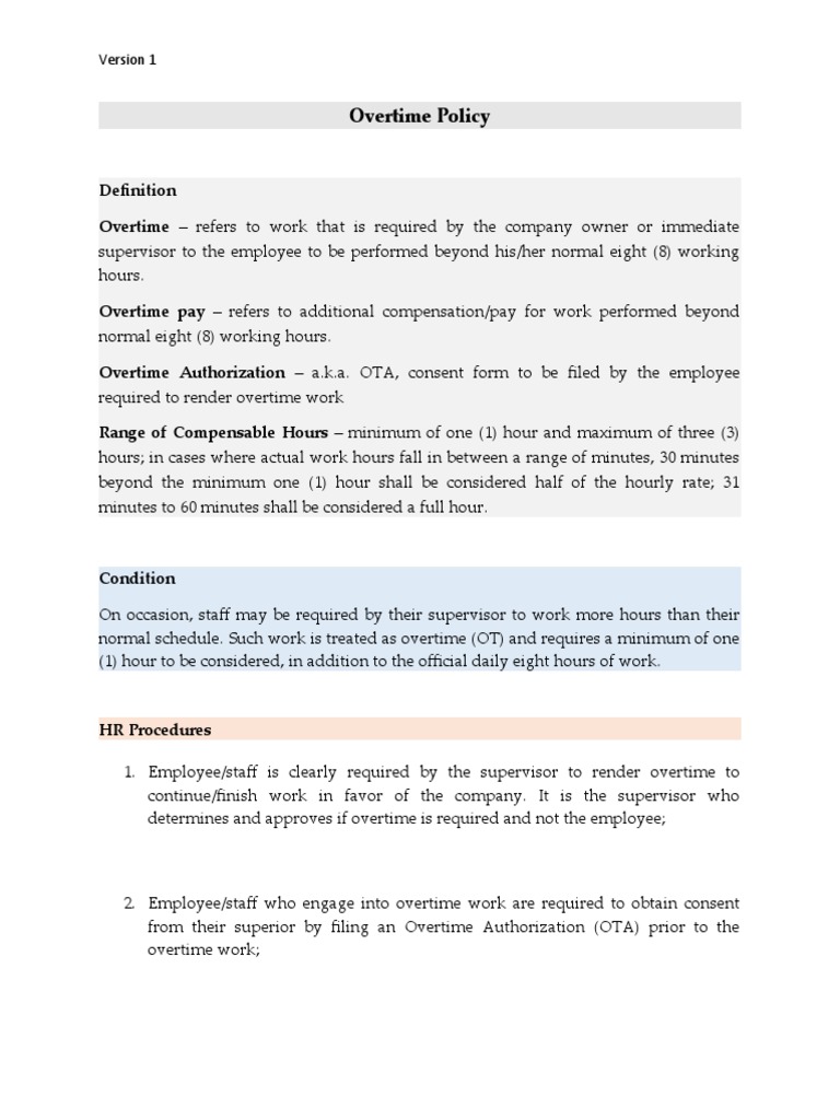 Sample OT Policy | PDF | Overtime | Employment