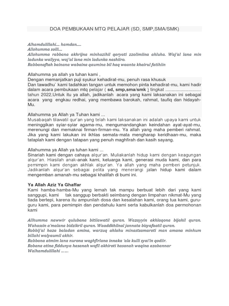 Doa Pembukaan MTQ Pelajar | PDF