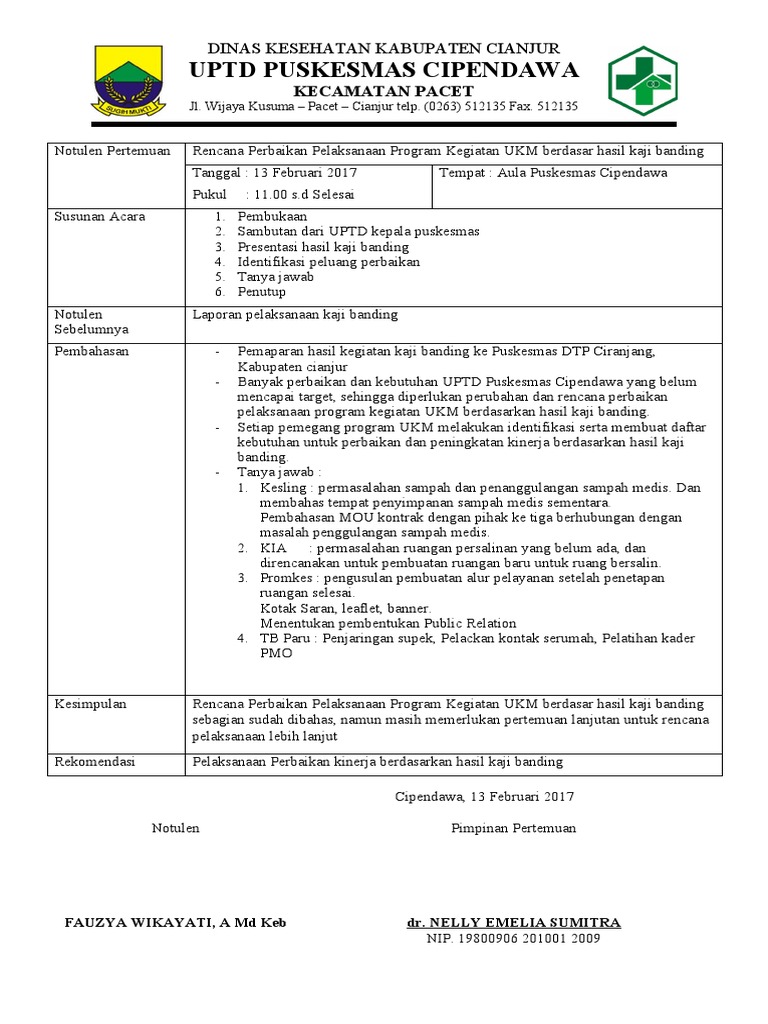 6.1.6.4. Notulen Rencana Perbaikan Pelaksanaan Program Kegiatan UKM Berdasar Hasil Kaji Banding ...