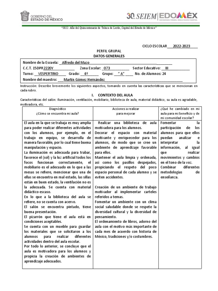 Perfil Grupal 4 A 2023 | PDF | Evaluación | Salón de clases