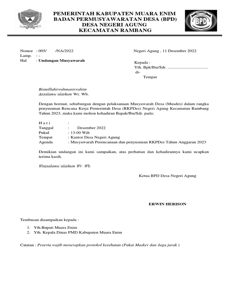 Undangan Musyawarah Desa 2023 | PDF